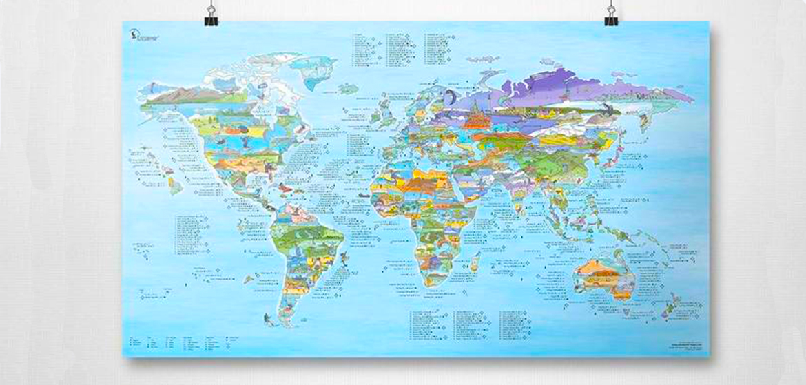 Cette carte illustrée recense les spots de kitesurf du monde entier